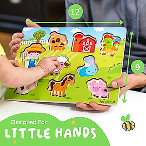 TOYVENTIVE Wooden Peg Puzzles for Toddlers – 6 Pack with Wire Puzzle Holder Rack for Kids, Learning Preschool Wood Knob Puzzle Toys for Boys and Girls - Alphabet Number Animal Vehicle Shape Fruit