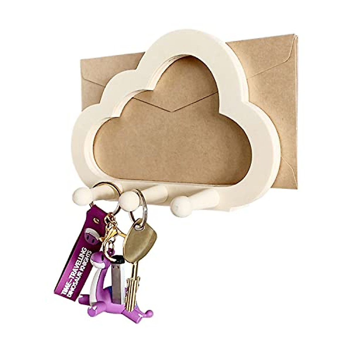 Cloud Key and Letter Holder for Wall - Entryway Rustic Key Rack and Mail Organizer Wall Mount, Minimalistic Style Wooden Wall Décor, Cloud Shelves with 3 Key Hooks, 8" W*5.3" H*2.64" D (White)