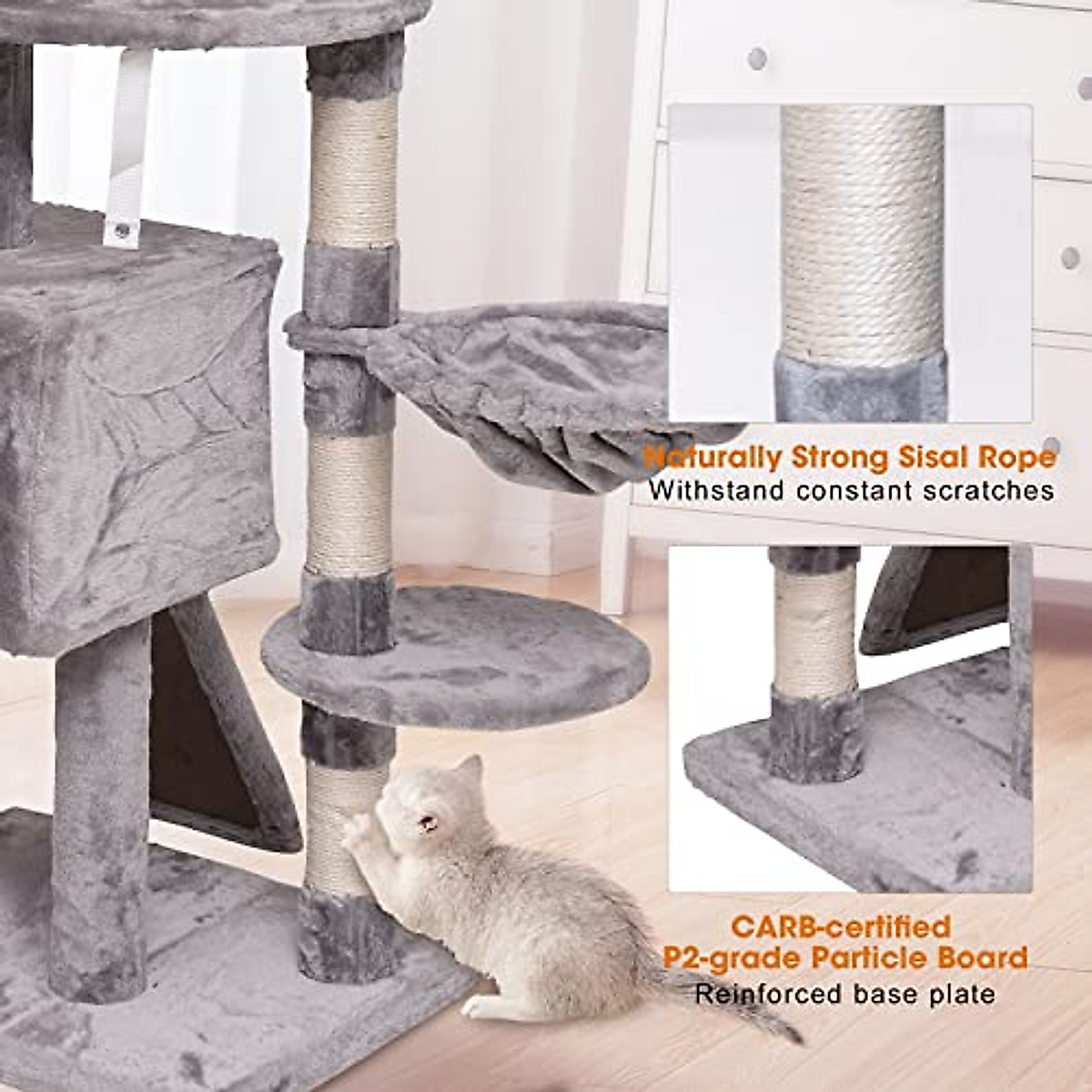 MQ Cat Tree Tower 47.3 in, Multi Level Cat Scratching Post with Condo, Ladder, Hammock & Plush Perches for Kittens, Adult Cats, Light Gray