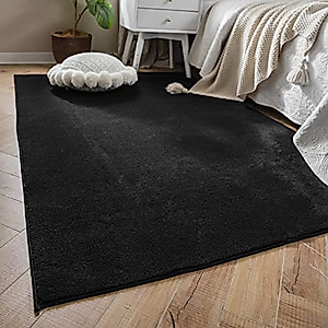 LIVEBOX Fluffy Shaggy Area Rug for Living Room,4x6 Feet Black Shag Washable Rug for Bedroom, Non Shedding and Non Slip Nursery Rug for Kids Baby,Faux Wool Rug Carpet for Teen's Room