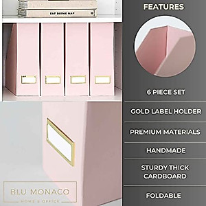 BLU MONACO Set of 6 Foldable Pink Cute Magazine Holders with Gold Label Holders - Stylish Magazine Storage for Desk, Shelves, and Closets - Book Bins, Files Organizers and Document Storage