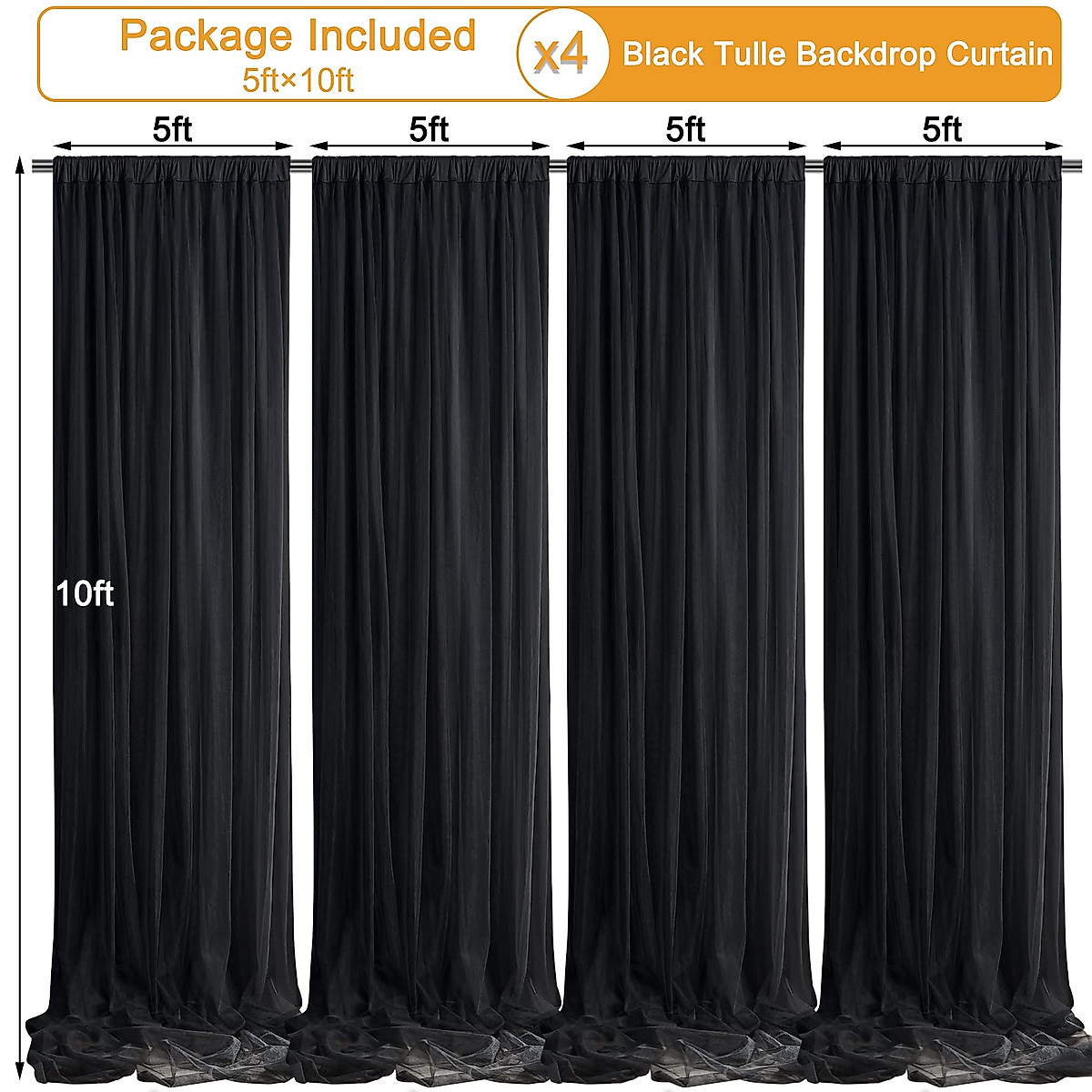 20ft×10ft Black Tulle Backdrop Curtains for Parties 4 Panels 5ft×10ft Dual Layer Black Tulle Drapes for Backdrop Curtains for Baby Party Birthday Wedding Home Decor