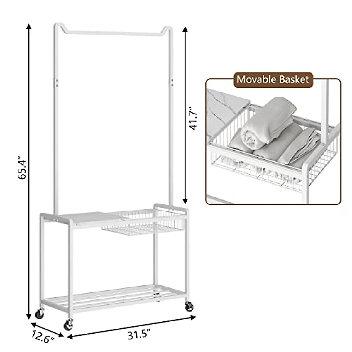 XYZLVSI 3-Tier Rolling Clothing Garment Rack for Hanging Clothes, 3-in-1, with Coat Rack, Movable Basket and 2 Storage Shelves, White