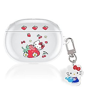 Cute case for Beats Studio Buds Cover with Kawaii Strawberry cat Anime Pattern Design for Women Girls Kids Teens Clear Slim Soft Silicone Cover for Beats Studio Buds