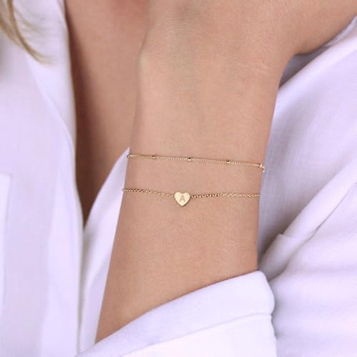 Turandoss Heart Initial Bracelets for Women, 14K Gold Filled Layered Bracelet Minimalist Initial Heart Bracelets for Women Bracelet With Initials A