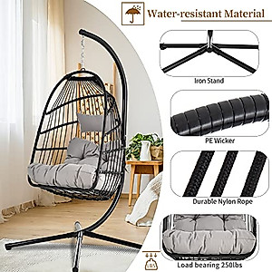Patio Foldable Swing Chair with Cushion, PE Wicker Egg Hanging Chair w/Stand, Hammock Chair for Outdoor Balcony Indoor Bedroom (Black+Gray-2)