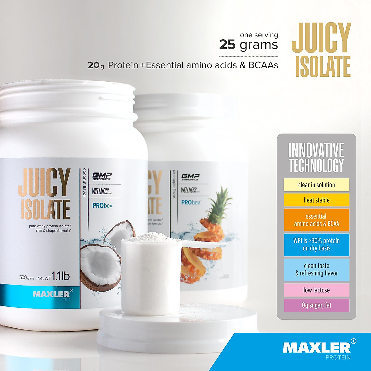 Maxler Juicy Isolate Protein Powder - Clear Whey Isolate - Low Lactose, Fat Free, Sugar Free Muscle Recovery Drink for Pre & Post Workout - 90% of Protein per Serving - Pineapple 1.1lb (20 Servings)