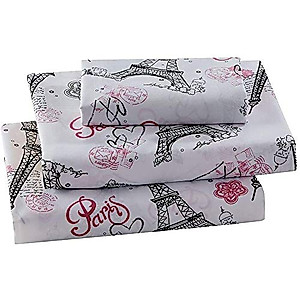 Home Collection Twin Size Comforter And Sheet Set Paris Eiffel Tower Hearts Flowers for Girls/Teens White Pink Black Pink / White New