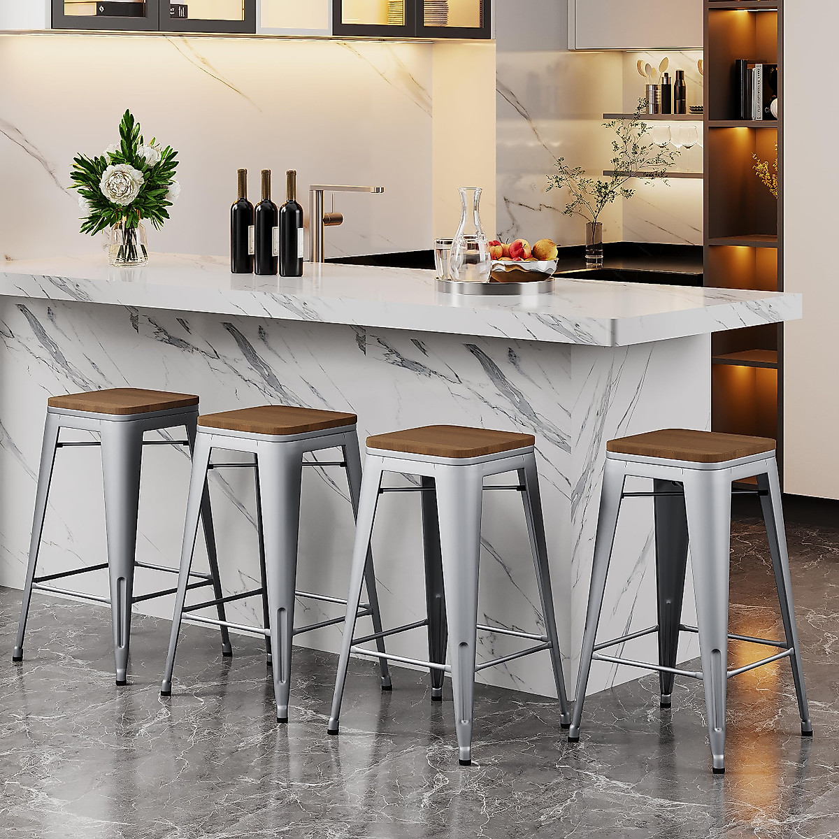 Alunaune 24" Metal Counter Height Bar Stools Set of 4 Industrial Backless Kitchen Patio Counter Stool Stackable Barstools Wood Top- 24inch, Silver