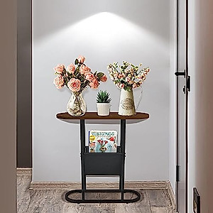 graffitimaster Oval Narrow Side Table with Magazine Sling Holder Pouch, Slim End Table with Metal Frame for Living Room Bedside Bedroom Couch Small Spaces, Retro Wood Grain Finish