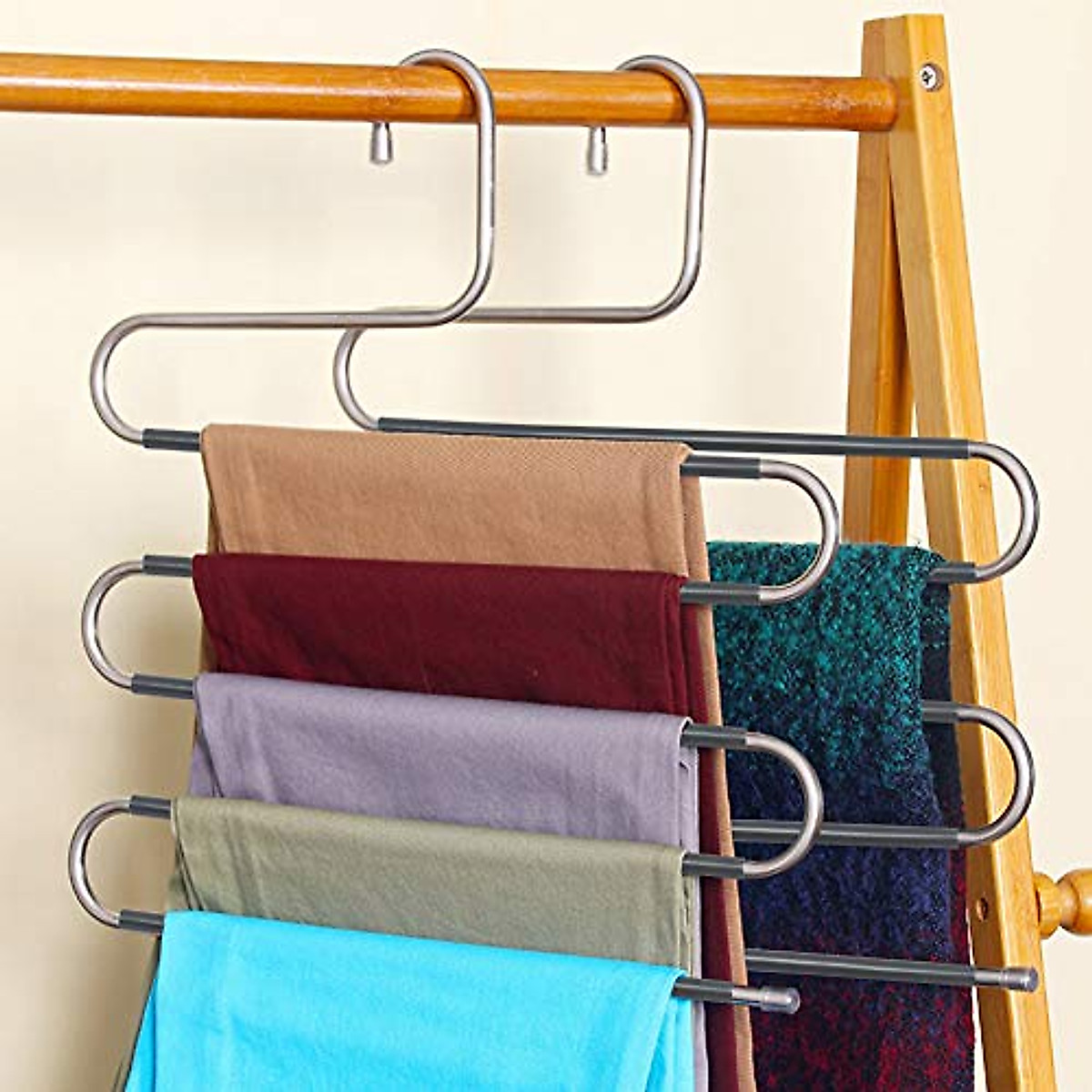 HuaQi S Shape Clothes Trousers Hangers Non Slip Closet Storage Organizer Multi Space Saving Hanger for Pants Jeans Belt Tie Scarf Legging (3-Pieces)