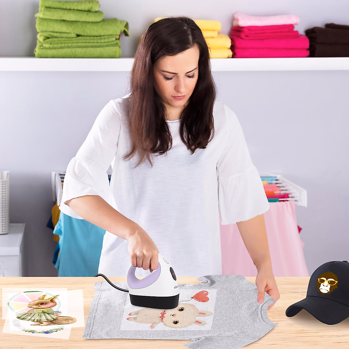 eSeedy Mini Heat Press Machine, 3 Heat Settings, Precise Temperature Control,15 Mins Auto-Off, Insulated Safety Base, Mini Iron for Crafting, T Shirts, Hats, Heating Transfer Projects