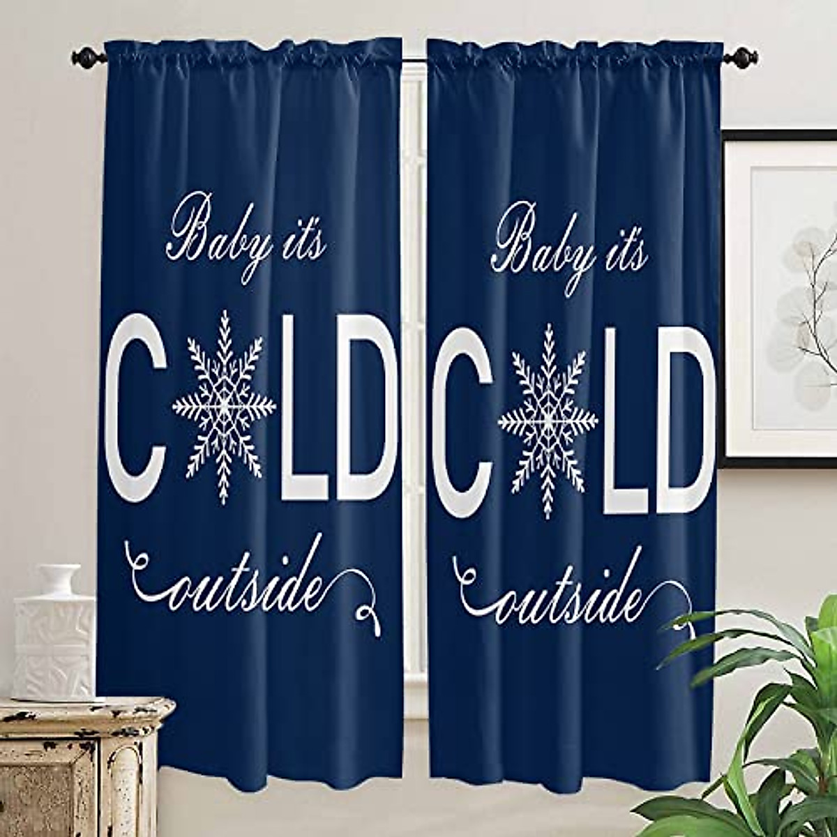 2 Panels Kitchen Curtain 72 Inch Long, Christmas Kitchen Window Curtains Rod Pocket Cafe Curtains Drapes Window Treatment for Bedroom Bathroom Cold Winter Snowflakes Blue Backdrop