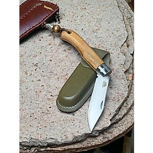 Yutpa Gear Hand Forged Knives Folding Pocket Knife 3.54" Stainless Steel Blade Plain Edge and Handmade Wood Handle with Leather Sheath - Rauros Survival EDC