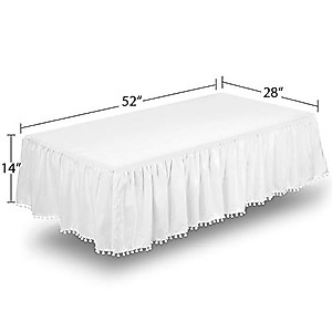 TILLYOU Ruffled Crib Skirt with Pompoms, Microfiber Nursery Crib Toddler Bedding Skirts for Baby Boys Girls, 14'' Drop, White