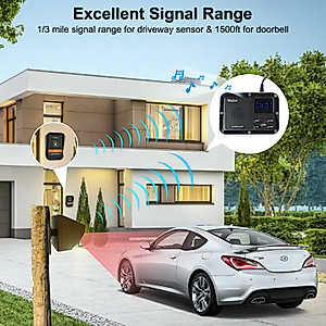 Solar Wireless Driveway Alarm with Extra Doorbell Part, Multifunctional Wireless Home Security System, Rechargeable Battery/Weatherproof/Mute Mode/Clock and Alarm (1 Receiver 2 Sensors 1 Doorbell)