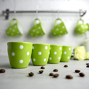 City to Cottage Handmade Lime Green and White Polka Dot Ceramic 2oz/60ml | Espresso Cup Set of 4, Unique Designer Pottery for Coffee Lovers