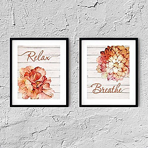 Relax Soak Unwind Breathe Bathroom Wood Wall Decor, Bathroom Wall Art, Bathroom Pictures Wall Decor, Bathroom Wood Decor Wall Art, Bathroom Signs, Bathroom Decor, Bathroom Decor Set of 4(8X10in) Unframed (Orange)