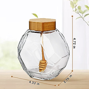 Bfttlity Honey Pot Jar Hexagon Shape Honey Pot Container 380ml Glass Honey Jar with Dipper and Lid Cover for Home Kitchen (Wooden lid)
