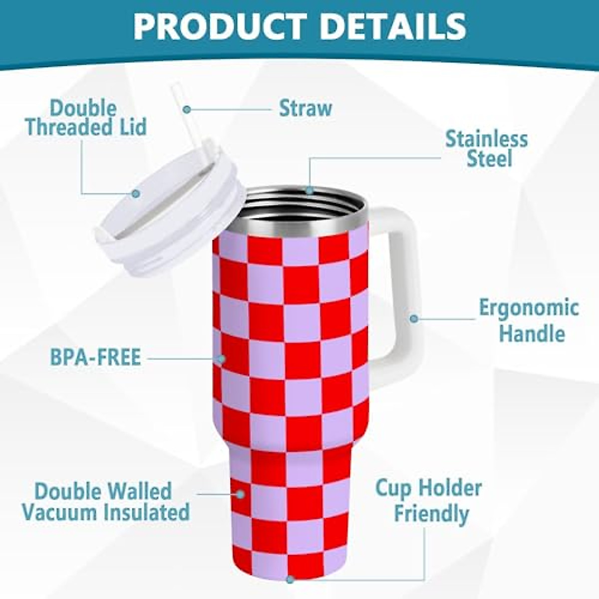 Caikeny Insulated Tumblers with Lid and Straw Checkerboard 30 oz Reusable Stainless Steel Cup Lavender Red Water Bottle Coffee Travel Tumbler Mug for Women Men