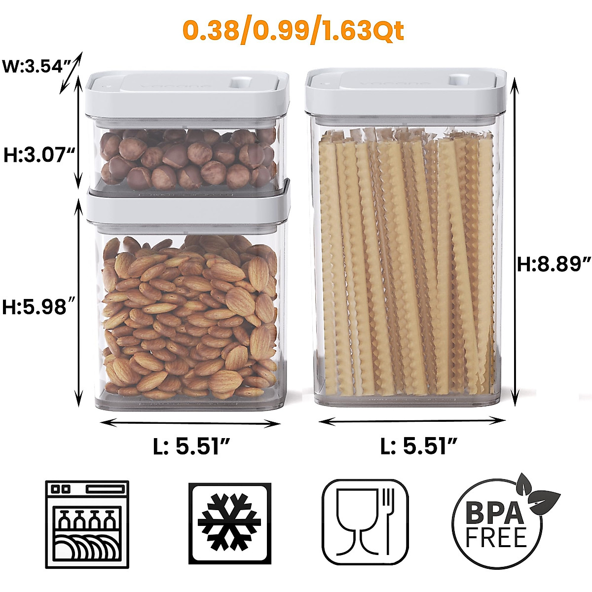 vacane Pump-Lock Airtight Food Storage with Detachable Lids, 0.38/0.99/1.63Qt Plastic Cereal Containers, Stackable Kitchen Storage Containers Set for Flour Snack Sugar Coffee, Dishwasher Safe