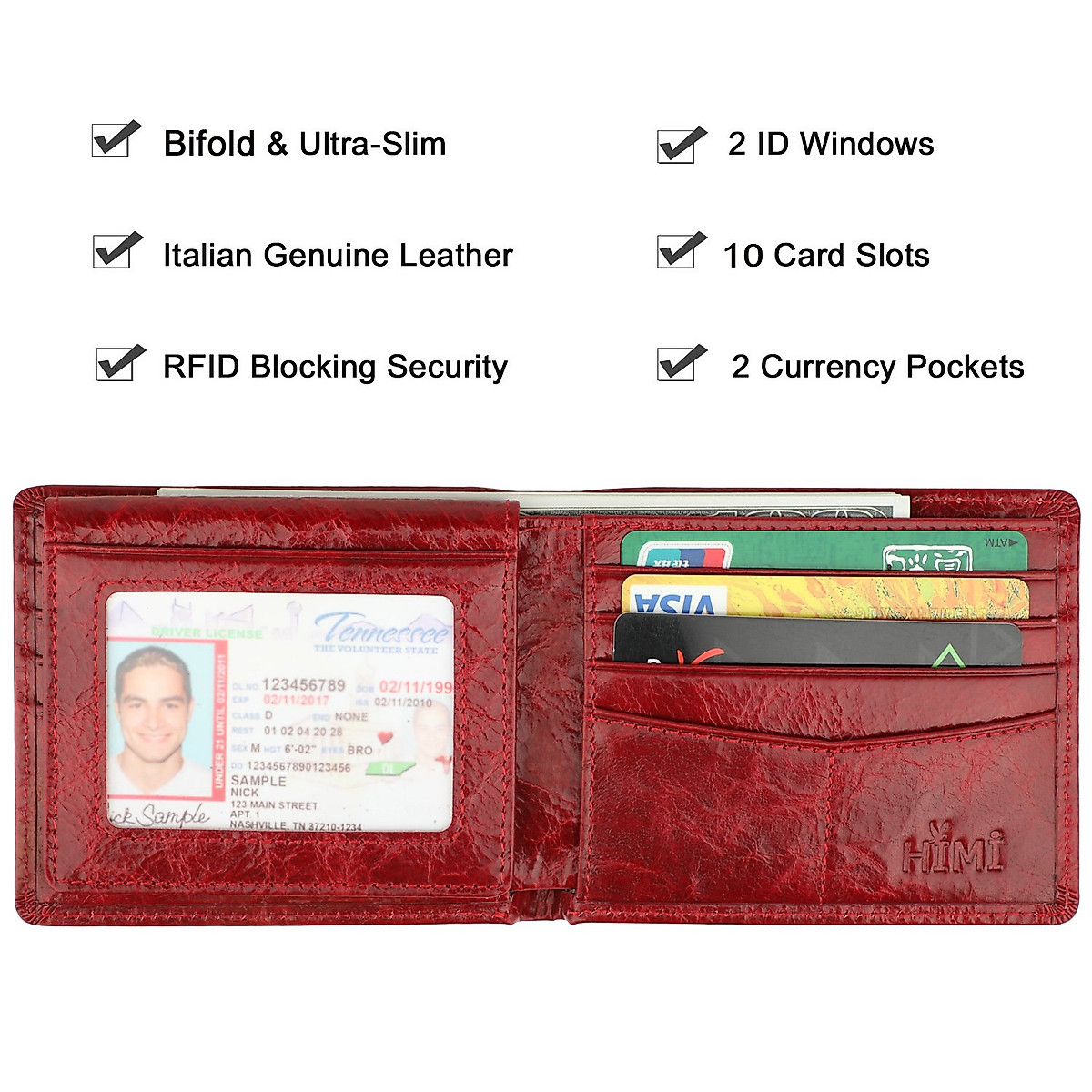 HIMI Wallet for Men-Genuine Leather RFID Blocking Bifold Stylish Wallet With 2 ID Window (Red)
