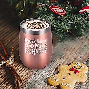 GINGPROUS Book Lovers Gifts, Drink Win Read Books Be Happy Wine Tumbler, Birthday Christmas Gifts for Book Club, Librarians, Readers, Bookworm, Friends, 12 oz Stainless Steel Wine Tumbler, Rose Gold