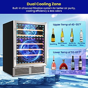COSTWAY 24 Inch Wine Cooler, 51 Bottles Dual Zone Wine Refrigerator w/Stainless Steel Tempered Glass Door & Safety Lock, Built-in or Freestanding Mini Wine Fridge for Home Bar Office