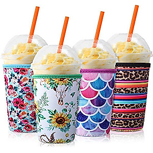 4 Pieces Reusable Coffee Sleeve Neoprene Cup Holders Drinks Insulator Sleeve for Cold and Hot Beverages (22-24 oz,Cute Style)