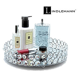 LINDLEMANN Decorative Tray - Metal Mirrored Ornate Crystal Vanity Tray - Elegant Design for Perfume Jewelry Makeup, Easter & Mothers' Day Gift (Round, 10in, Silver)