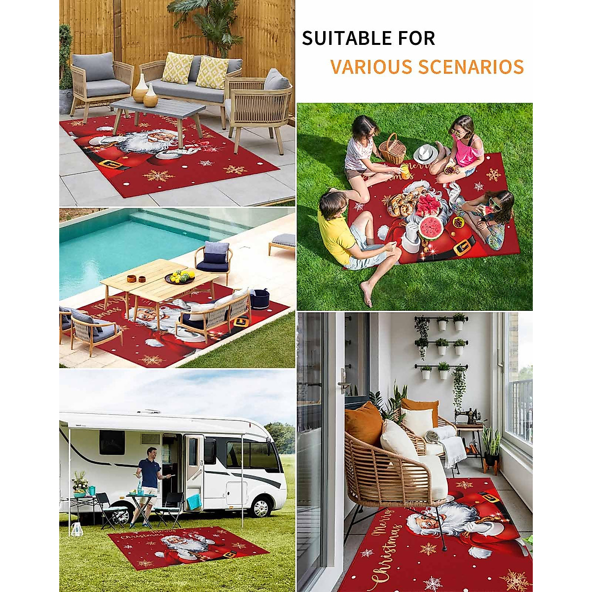 Outdoor Rug Carpet Indoor Area-Rug Christmas Santa Claus Washable High Traffic Bedroom Kitchen Mat Backyard Patio Porch Rug, 4 X 6