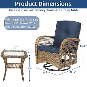 SOCIALCOMFY 3-Piece Patio Wicker Conversation Bistro Set, Rattan Gliding Rocking Swivel Chairs with Cushion and Glass Top Side Table Outdoor Furniture Sets for Garden Backyard, Navy Blue