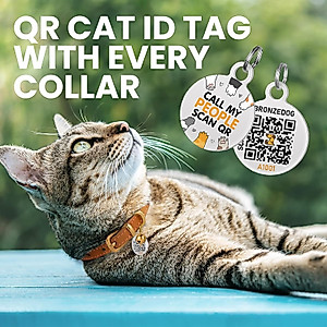 BRONZEDOG Leather Cat Collar with Bell Non Breakaway Kitten QR Tag for Girl Boy (7" - 9" for Cats, Orange & Silver)
