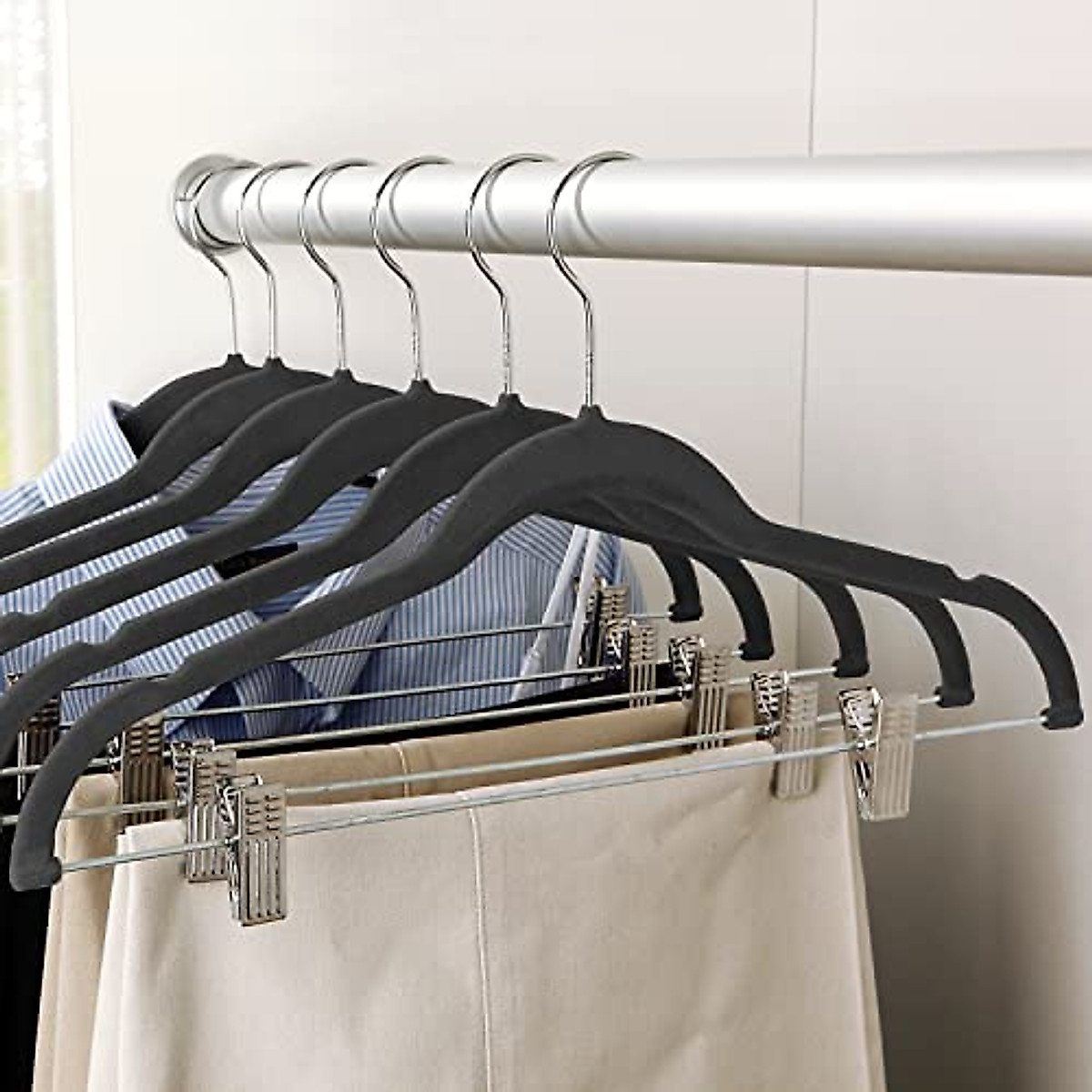 Simplify Velvet Hangers - Plastic Hangers with Zink Hooks - Hangers for Pants, Shirts, Clothes - Black - Pack of 6-0.16" x 16.93" x 9.06"