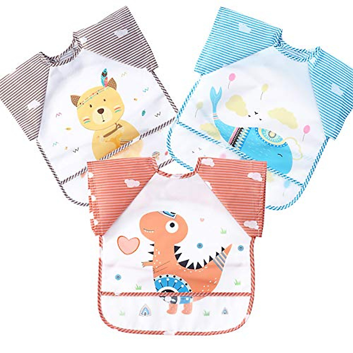 PandaEar (3 Pack Short Sleeve Lower Pocket Waterproof Bibs|Baby Infant Toddler 12-48 Months (Multi-Color 1)