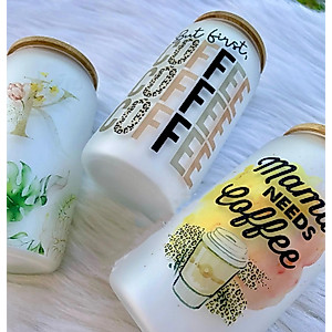 ABBSH Frosted Sublimation Glass With Bamboo Lid, Sublimation Glass Cups With Bamboo Lids And Straws 16OZ, Sublimation Frosted Glass Tumbler, Sublimation Beer Can Glass Blanks 8Pack