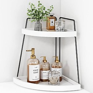 Forbena Corner Bathroom Organizer Countertop, 2Tier Sink Corner Shelf Stand for Kitchen Counter, Modern Coffee Bar Organizer Station, Round Vanity Tray for Men Desk Organization -White and Grey