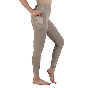 Women Equestrian Breeches Riding Tights Pockets,Women Training Breeches Pants with Silicone （Khaki,3XL）