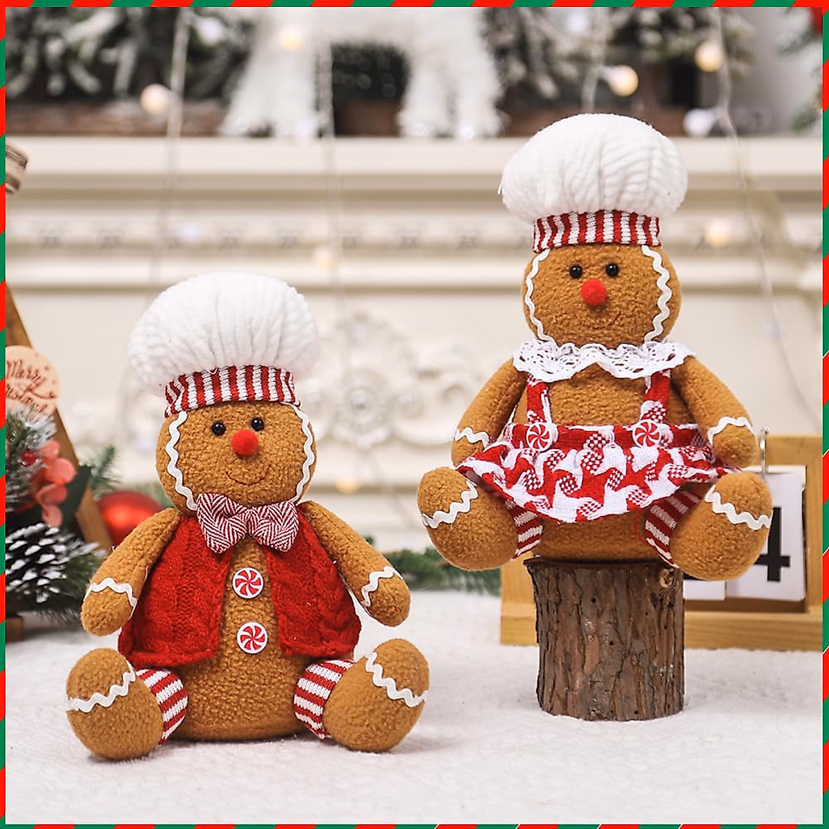 JJYZB Adorable Christmas Gingerbread Man Plush Toy-9.4in Gingerbread Shape Stuffed Animal,Gingerbread Plush Doll for Christmas Tree Topper Xmas Party Decor (boy+Girl)
