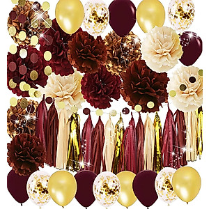 Burgundy Gold Birthday Party Decorations for Women Fall/Burgundy Gold Balloons/Big Size Tissue Pom Pom/Wedding/Fall Bridal Shower Decorations Retirement/Graduation Decorations Maroon Gold Class of 2023/FSU ASU Graduation