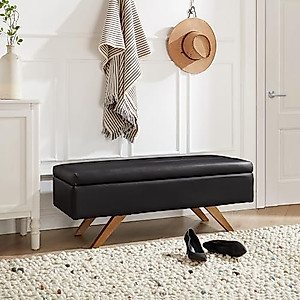 VECELO PU Leather Ottoman Bench with 6.1-inch Storage Space, 44” Soft Footrest for Living Room Bedroom Hallway Entryway, Easy to Clean, Black