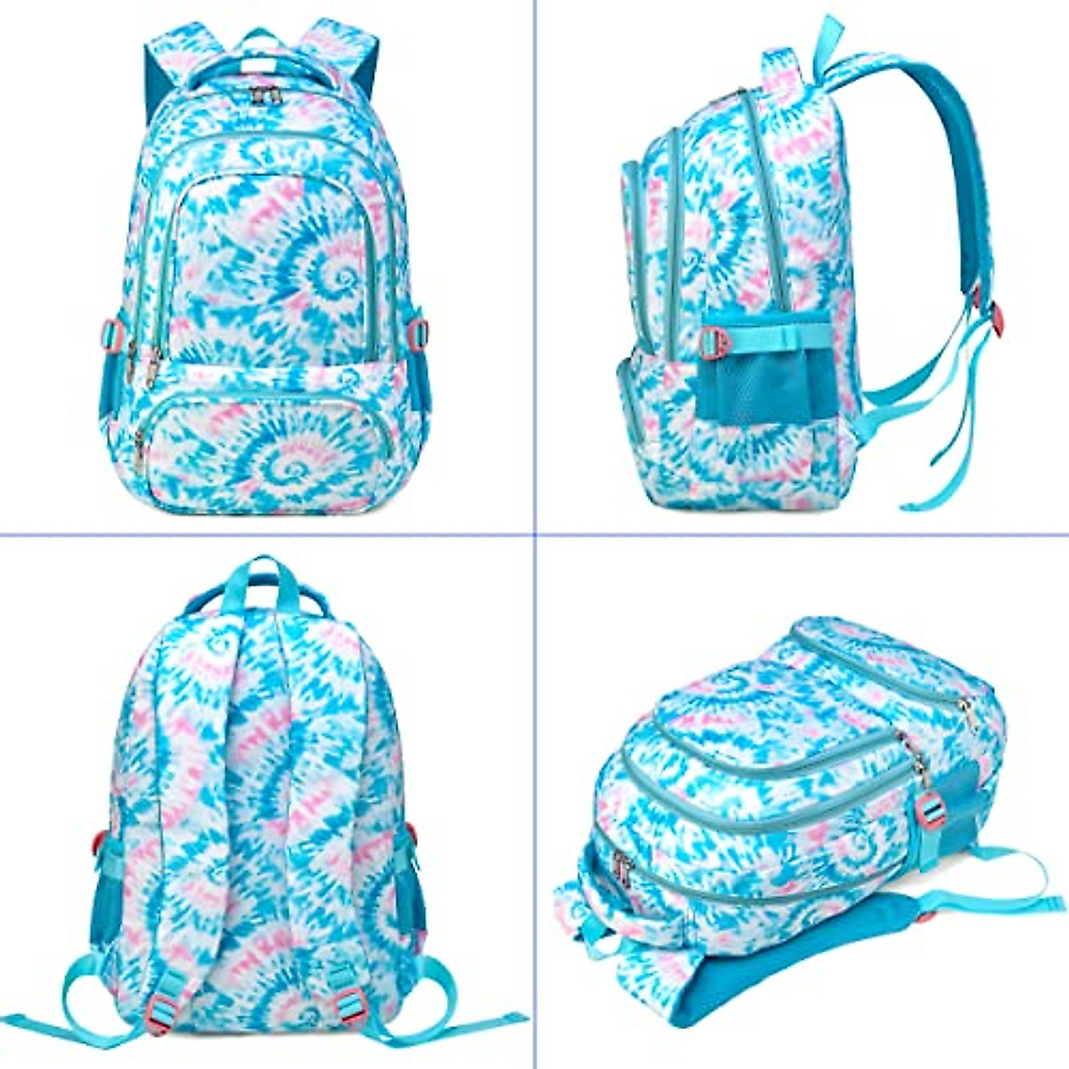 BLUEFAIRY Tie Dye Backpack for Girls Kids Primary Bookbags for Teens Elementary Middle School Bags Blue Spiral Print Adorable Travel Gifts Age 5-9 Mochila para Niños 17 Inch