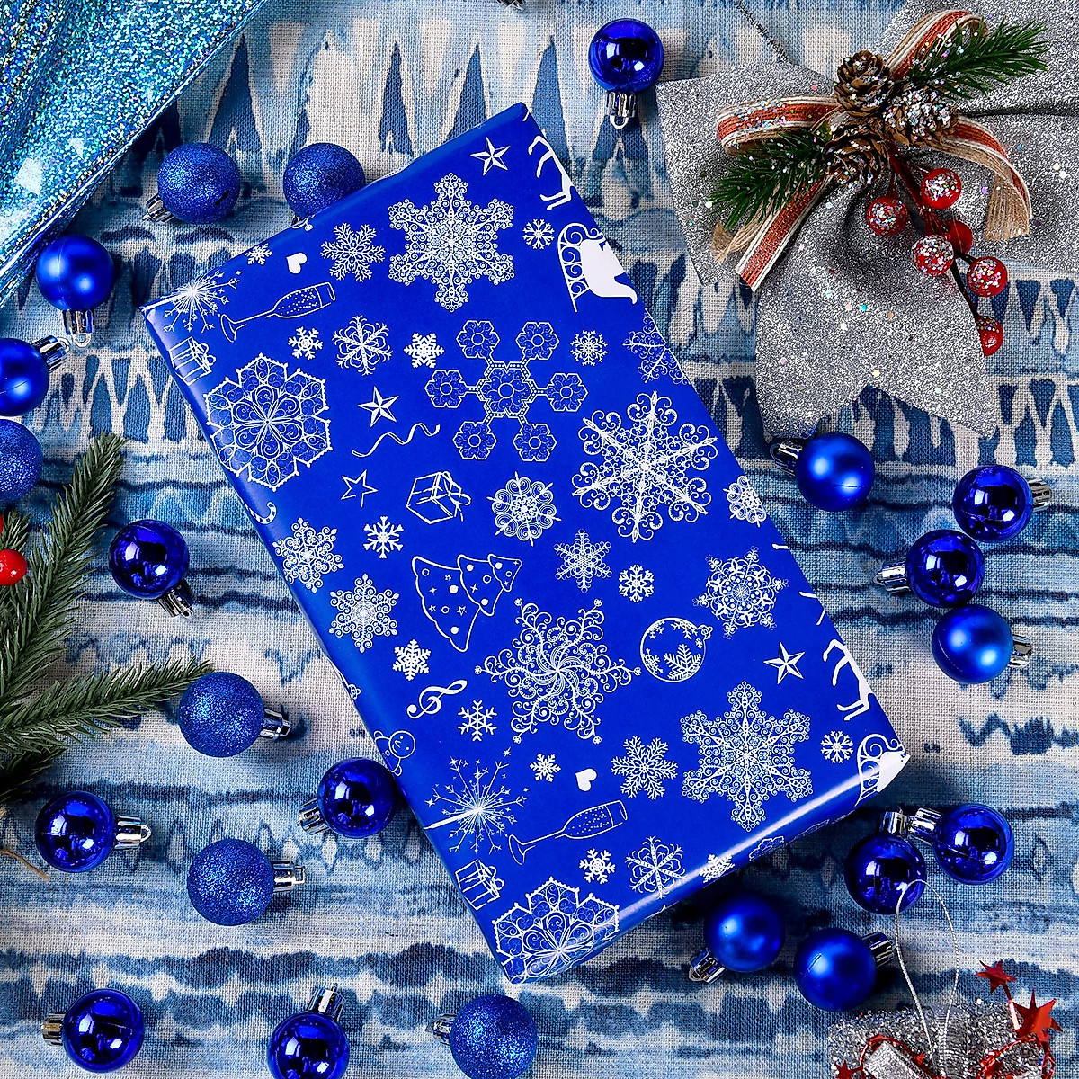 PlandRichW Christmas Wrapping Paper Folded 12 Sheets for Kids Boys Girls Man Women,Blue and White Snowmen Snowflakes Merry Christmas Deer,Image Arts Blue Holiday Wrapping Paper Each 20" X 29"