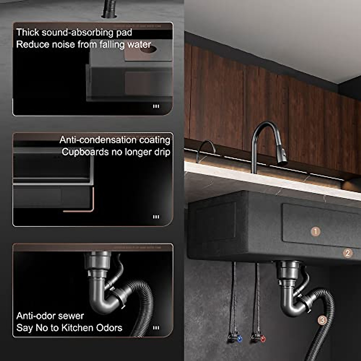 Black Single Bowl Undermount Modern Stainless Steel Nano Kitchen Sink Laundry Sink Commercial Sink with Hot&Cold Water Faucet,Soap Dispenser,Drain Assembly with straine for Hotel,RV,Bar,Shop (Color