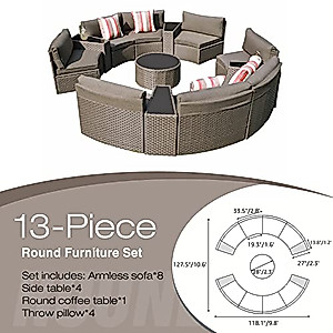 SUNSITT Patio Furniture Set 13-Piece Round Sectional Sofa Patio Furniture Wicker Sofa with 4 Side Tables and 4 Pillows for Patio, Yard, Garden or Backyard (Grey Brown)