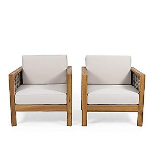 Christopher Knight Home Judith Outdoor Acacia Wood Club Chair with Wicker Accents (Set of 2), Teak Finish + Mixed Brown + Beige