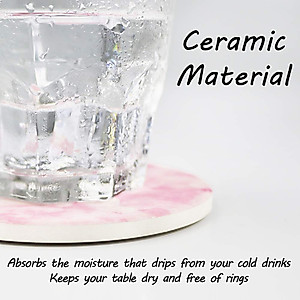 AD Set of 6 Coasters for Drinks Absorbing Round Ceramic Stone Coaster with Cork Base Tabletop Protection Mat for Mugs and Cups,Office,Kitchen (Pind Marble with Holder)