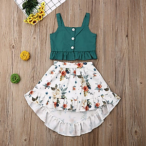 Toddler Baby Girls Ruffle Strap Top+Boho Floral Skirt Summer Outfit Clothes Two Piece Set (Green Crop Top+White Floral Skirt, 3-4T)