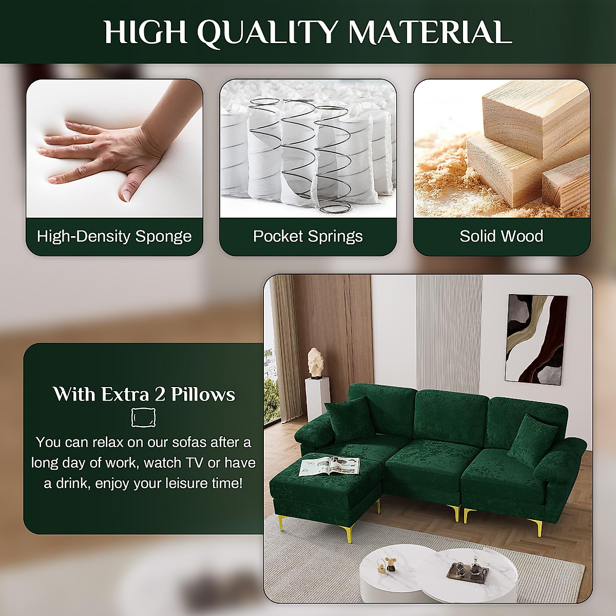 OUYESSIR L Shaped Sectional Sofa Couch, 3 Seat Velvet Sofa with Ottoman and Pillows, Upholstered Comfy Couch Sleeper for Living Room, Bedroom, 88 inches (Green)