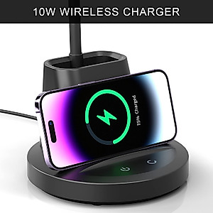 Vicsoon LED Desk Lamp with Wireless Charger, Desk Lamp for Home Office with Pen Phone Holder, Flexible Arm Dimmable 3 Color Modes Eye Caring Small Study Desk Light for College Dorm, 800 Lumens CRI 90